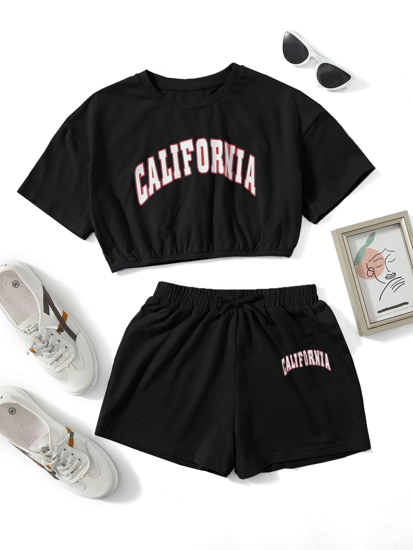 SHENHE Girl's Short Sleeve Letter Graphic 2Pcs Crop Top and Track Shorts Set Black 9Y