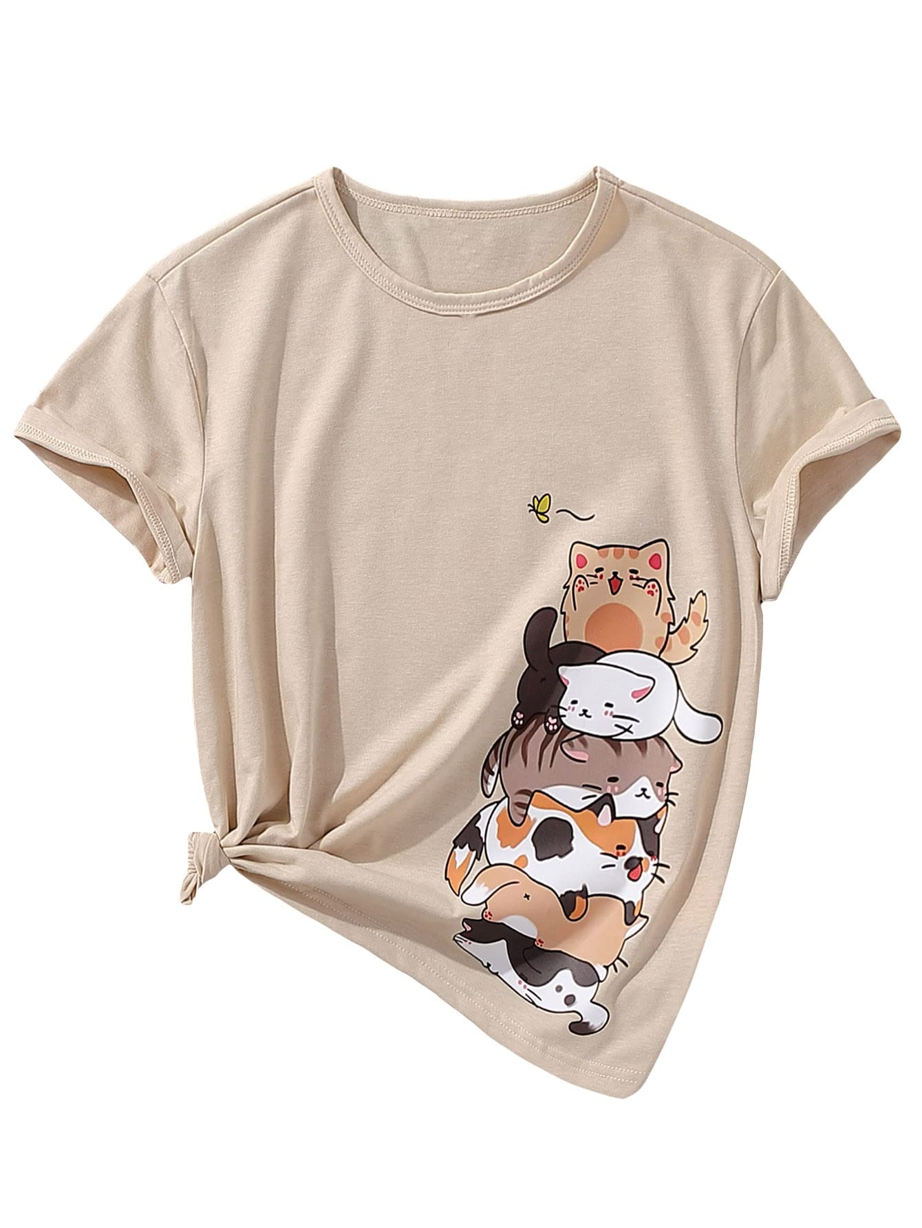 SOLY HUX Girl's T Shirts Short Sleeve Cute Graphic Tees Crewneck Cartoon Cat Print Summer Tops Apricot Graphic 9Y