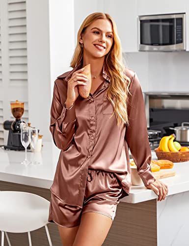 Ekouaer Womens 2 Piece Satin Pajama Set Long Sleeve PJs Sets Button Down Lounge Ssts Soft Sleepwear Set Brown M