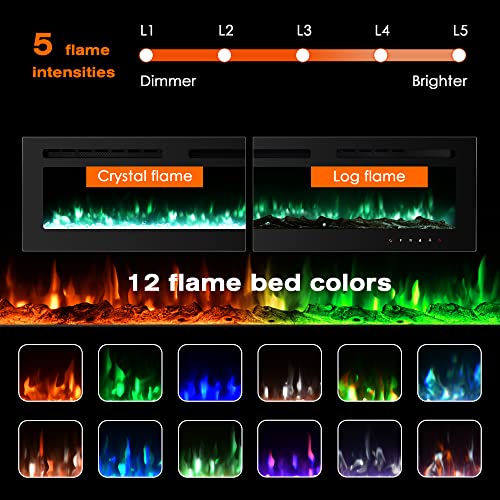 60 Inch Electric Fireplace Insert, Wall-Mounted, Remote Control, Linear Design, 750/1500W.