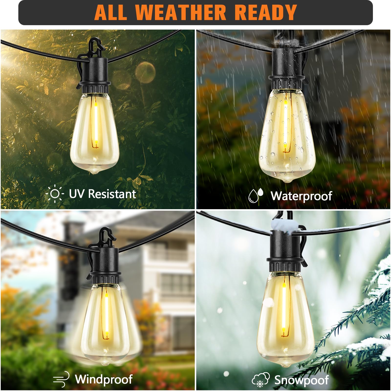 OOOLED Solar String Lights Outdoor Waterproof 100FT with Remote, 52 LED Shatterproof ST38 Vintage Edison Bulbs, 3 Light Modes, Dimmable& Timable Hanging Lights for Outside Backyard