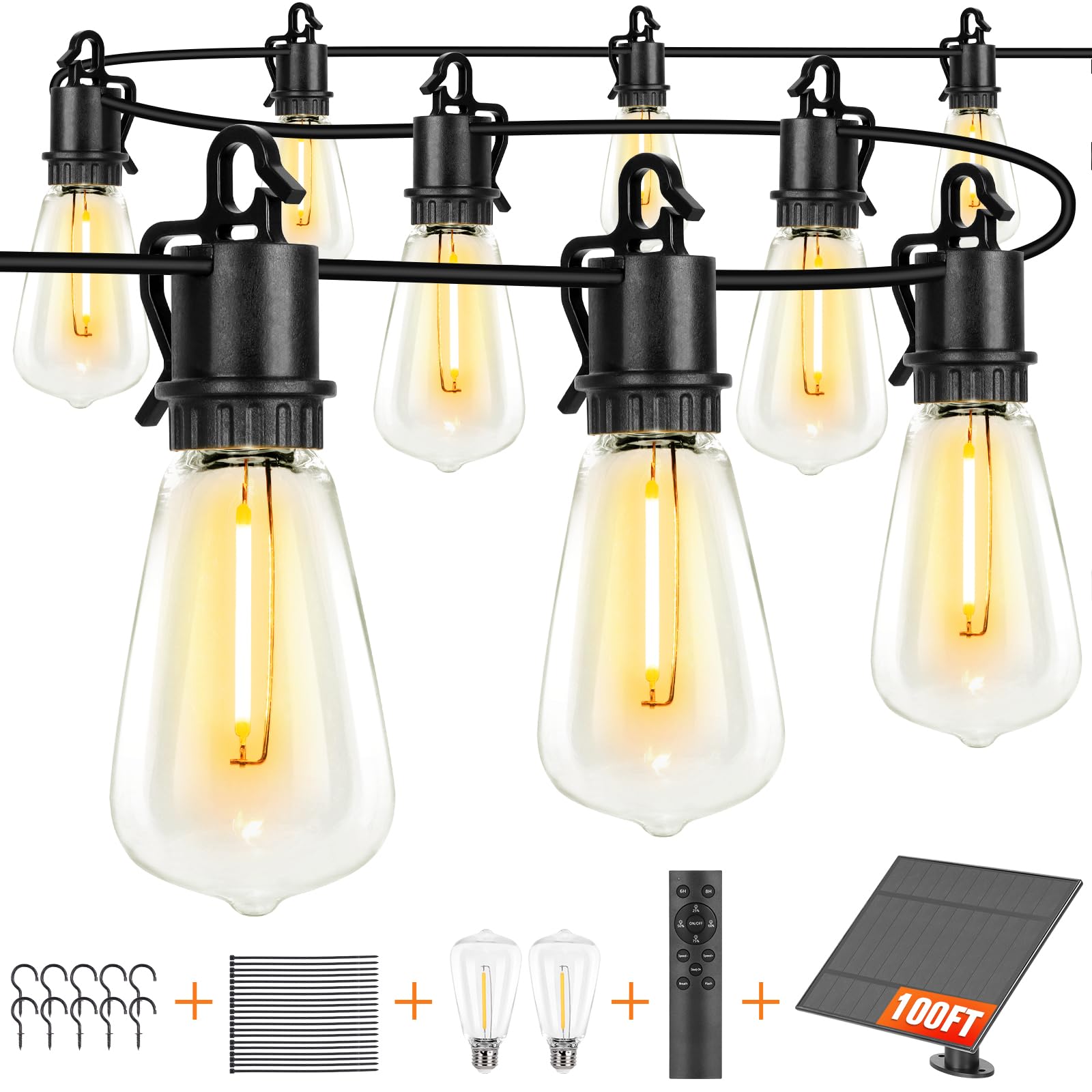 OOOLED Solar String Lights Outdoor Waterproof 100FT with Remote, 52 LED Shatterproof ST38 Vintage Edison Bulbs, 3 Light Modes, Dimmable& Timable Hanging Lights for Outside Backyard
