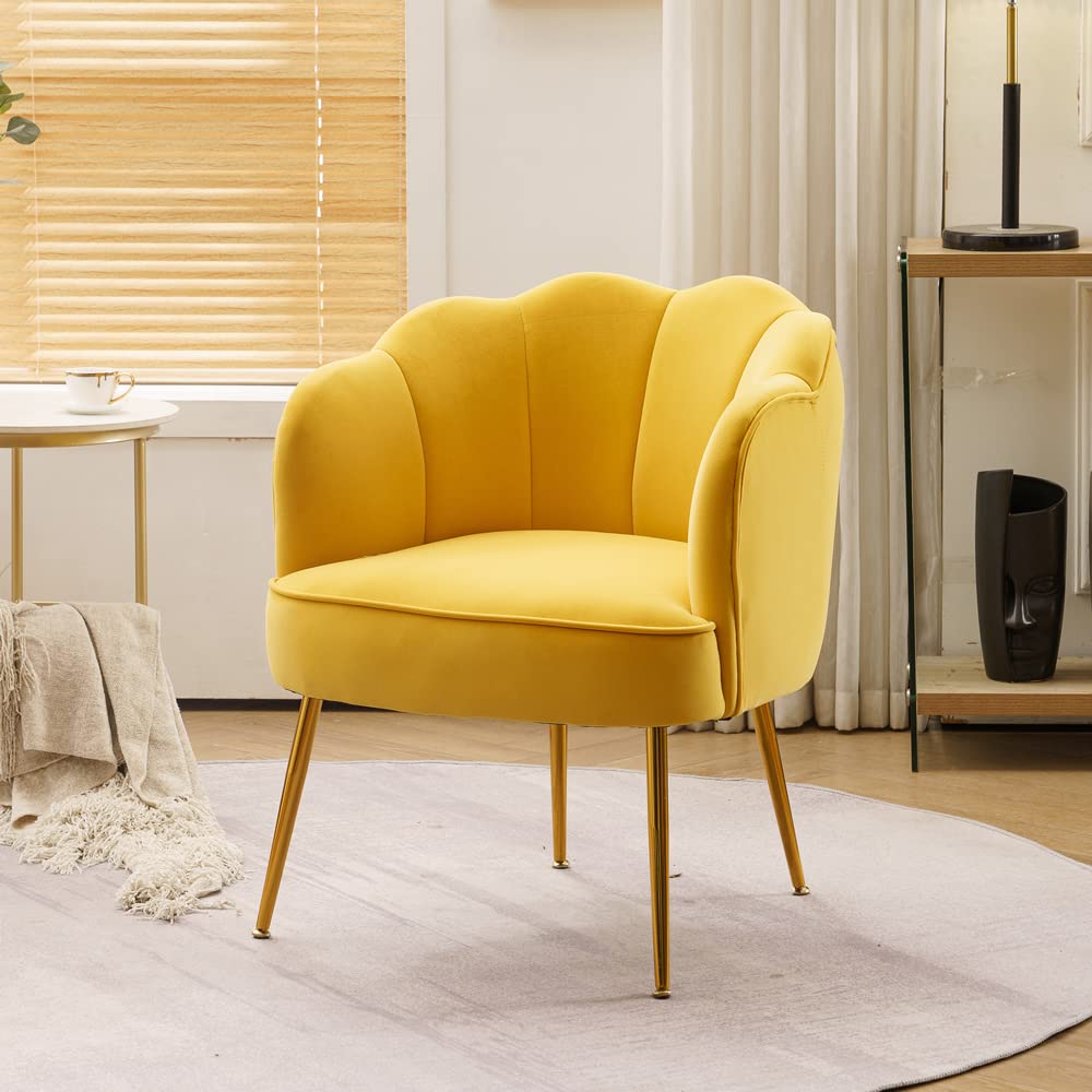 Yone jx je Modern Shell Chair Accent Chair, Velvet Armless Accent Chair, Barrel Chair Button-Tufted Decorative Sitting Chair, Corner Side Chair, Vanity Chair for Bedroom, Living Room (Yellow)