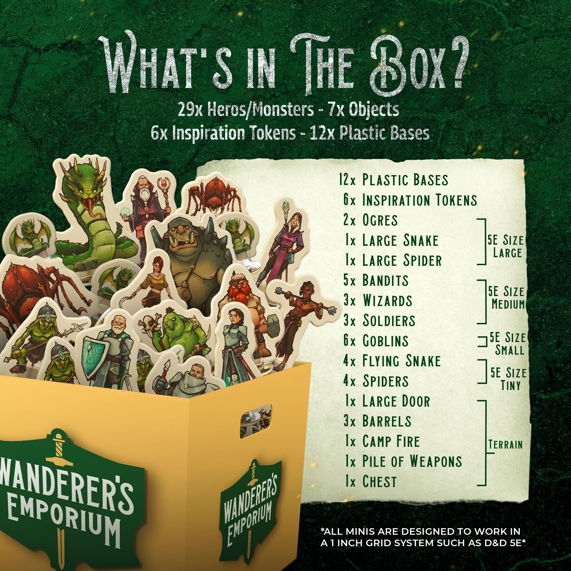 Wanderers Emporium Hard Flat Minis for DND Miniatures with Bases | 28mm - 32mm Scale Dungeons and Dragons Starter Set 5e (Essentials Pack, 36, Miniatures)
