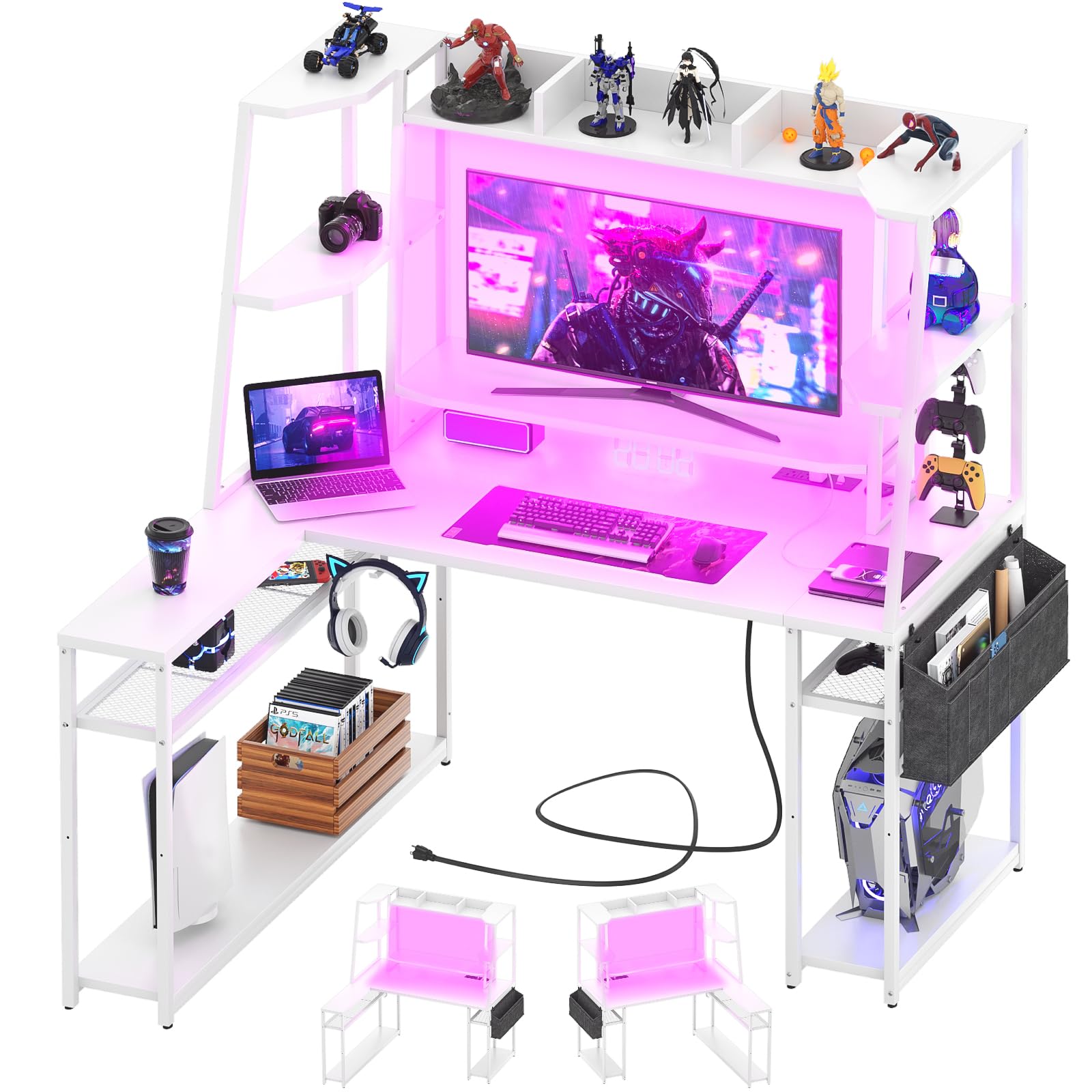 L Shaped Gaming Desk with Hutch & Shelves, 47'' Gaming Computer Desk with LED Lights & Power Strips, Reversible PC Gaming Desk L Shape with Storage, L Desk for Gaming with Monitor Stand, White