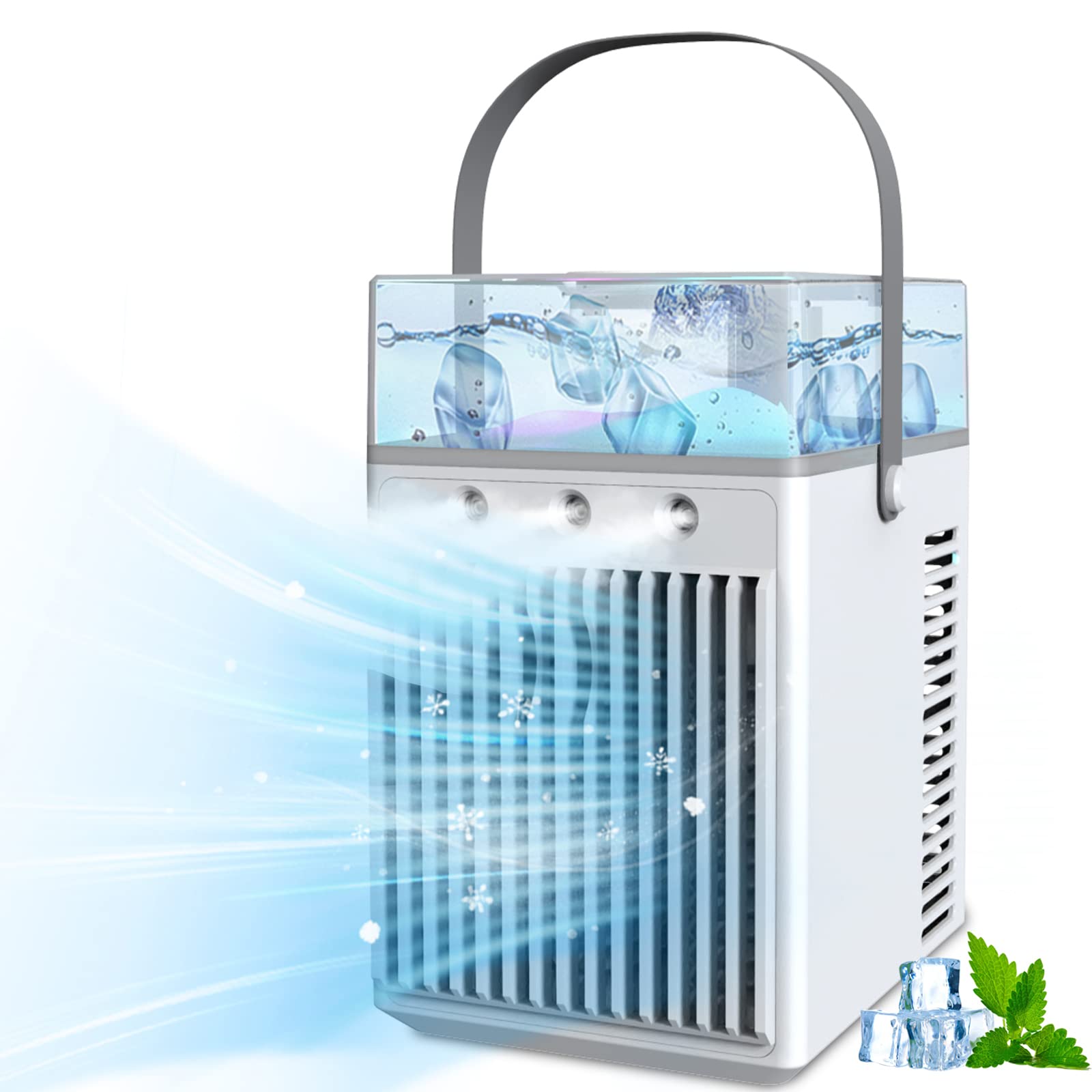 MEATSONO Portable Air Conditioners, 3 Speeds Rechargeable Evaporative Air Cooler With 7 Colors LED Light, 3 Atomizer Holes for Room, Office, Outdoor