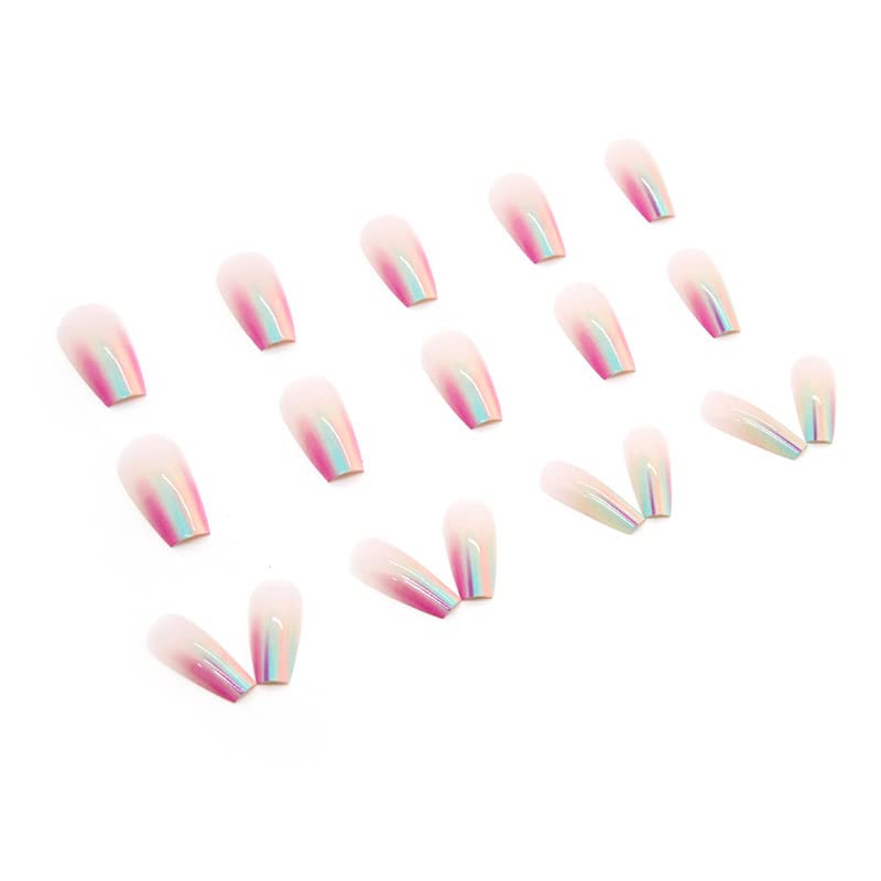 24 Pcs Press on Nails -Supremely Fit & Natural Soft Gel Press on Nails Almond, White Glue on Nails with Nail Glue, Reusable Stick on Nails in 12 Sizes(Iridescence)
