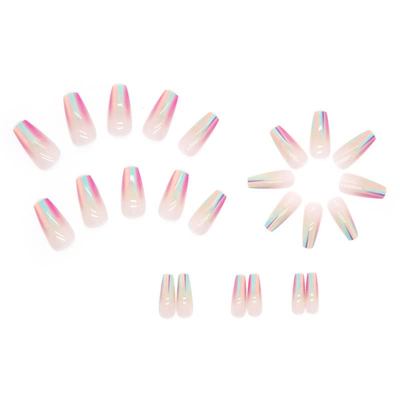 24 Pcs Press on Nails -Supremely Fit & Natural Soft Gel Press on Nails Almond, White Glue on Nails with Nail Glue, Reusable Stick on Nails in 12 Sizes(Iridescence)