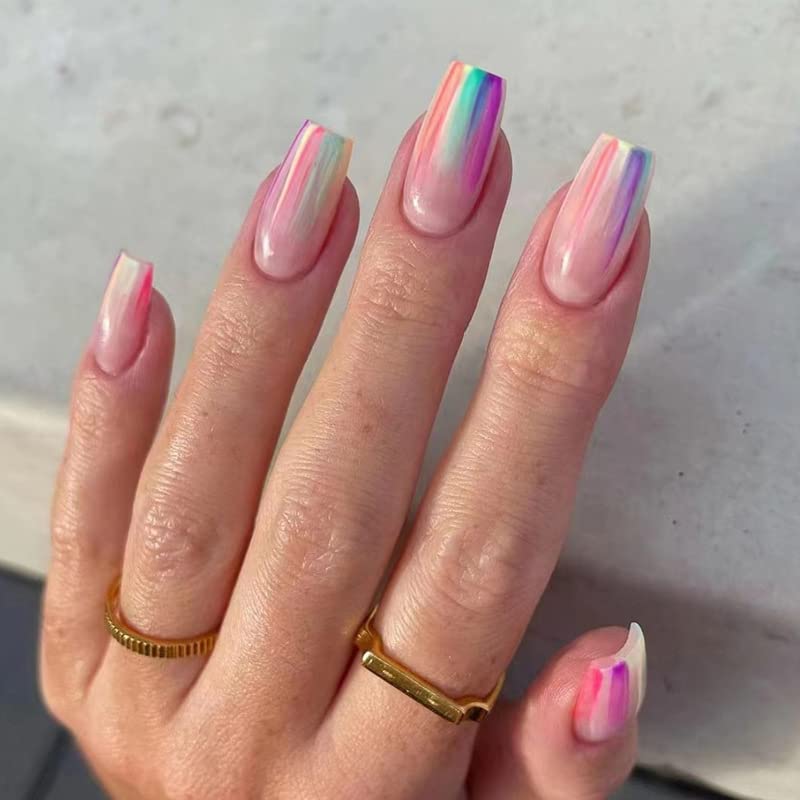 24 Pcs Press on Nails -Supremely Fit & Natural Soft Gel Press on Nails Almond, White Glue on Nails with Nail Glue, Reusable Stick on Nails in 12 Sizes(Iridescence)