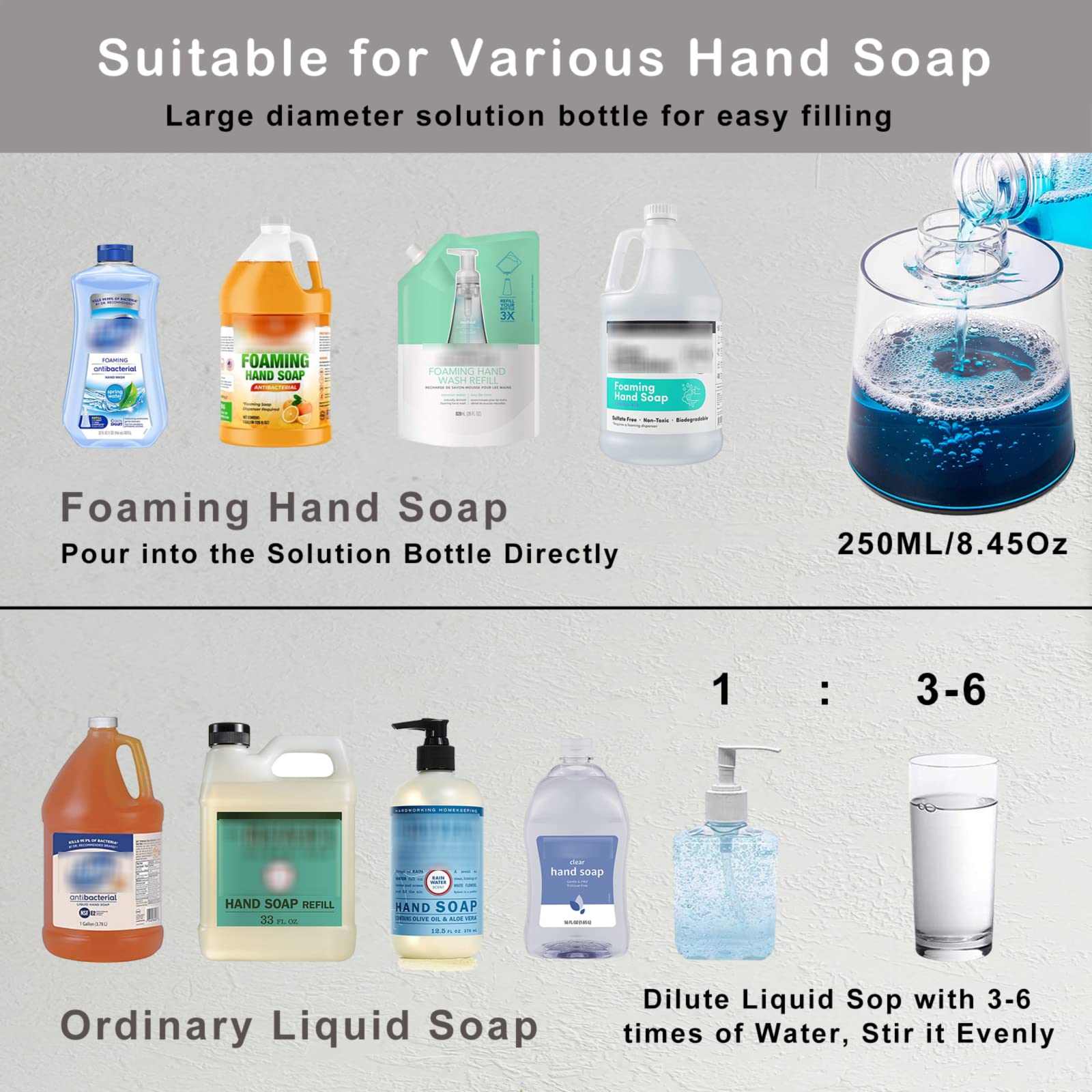 FAIBAEELLY Automatic Foaming Soap Dispenser, Touchless Foam Hand Soap Dispenser with Replaceable Foam Generator, Infrared Sensor, Rechargeable, Foam Soap Dispenser for Bathroom & Kitchen, Silver
