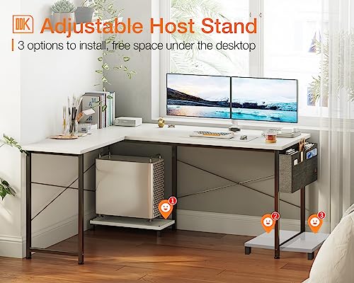 ODK L Shaped Desk with Storage Bag - 50 Inch Home Office Desk with Host Stand, White Reversible Computer Corner Desk for Bedroom Studio, Modern PC Gaming Desk for Study Writing
