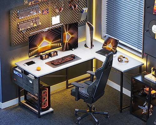 ODK L Shaped Desk with Storage Bag - 50 Inch Home Office Desk with Host Stand, White Reversible Computer Corner Desk for Bedroom Studio, Modern PC Gaming Desk for Study Writing
