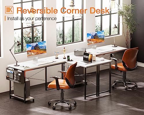 ODK L Shaped Desk with Storage Bag - 50 Inch Home Office Desk with Host Stand, White Reversible Computer Corner Desk for Bedroom Studio, Modern PC Gaming Desk for Study Writing