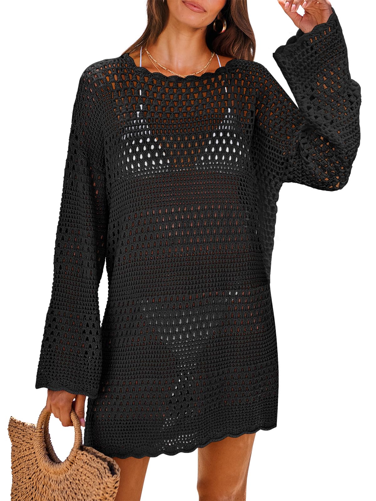 ANRABESS Women Swimsuit Crochet Swim Cover Up 2025 Summer Bathing Suit Swimwear Mesh Knit Beach Dress Vacation Outfits Black Medium