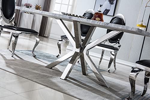 ShopBOPP Marble Dinner Table, Modern Gray Rectangle Dining Table with Marble Top and Stainless Steel Cross Base, Silver Mirrored Finish Kitchen Table Dining Room Table for Dining Room (63β, Gray)