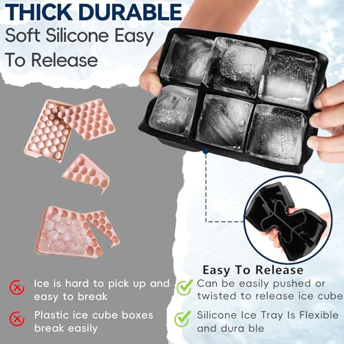 Ice Cube Tray, Silicone Large Ice Cube Molds for Freezer with Lid (4 Pcs), 6 Ball Ice Tray, 4 Diamond & 6-Ice Trays, Reusable Ice Mold for Whiskey ,Drinks,Juices and Cocktails. (Black)