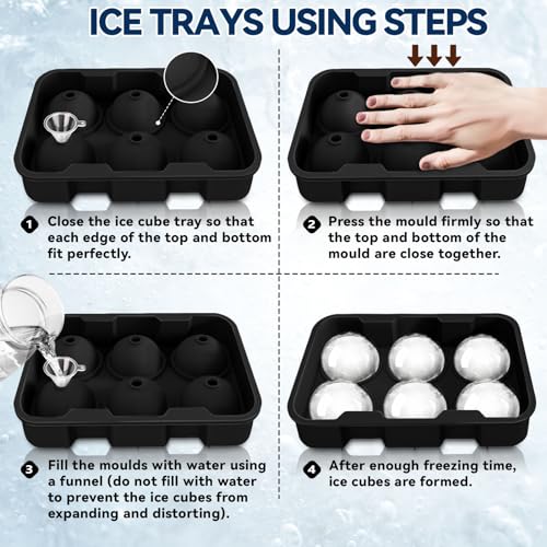 Ice Cube Tray, Silicone Large Ice Cube Molds for Freezer with Lid (4 Pcs), 6 Ball Ice Tray, 4 Diamond & 6-Ice Trays, Reusable Ice Mold for Whiskey ,Drinks,Juices and Cocktails. (Black)