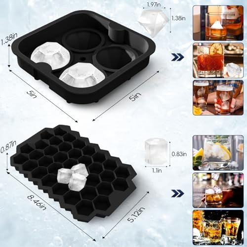 Ice Cube Tray, Silicone Large Ice Cube Molds for Freezer with Lid (4 Pcs), 6 Ball Ice Tray, 4 Diamond & 6-Ice Trays, Reusable Ice Mold for Whiskey ,Drinks,Juices and Cocktails. (Black)