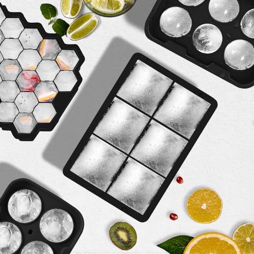 Ice Cube Tray, Silicone Large Ice Cube Molds for Freezer with Lid (4 Pcs), 6 Ball Ice Tray, 4 Diamond & 6-Ice Trays, Reusable Ice Mold for Whiskey ,Drinks,Juices and Cocktails. (Black)