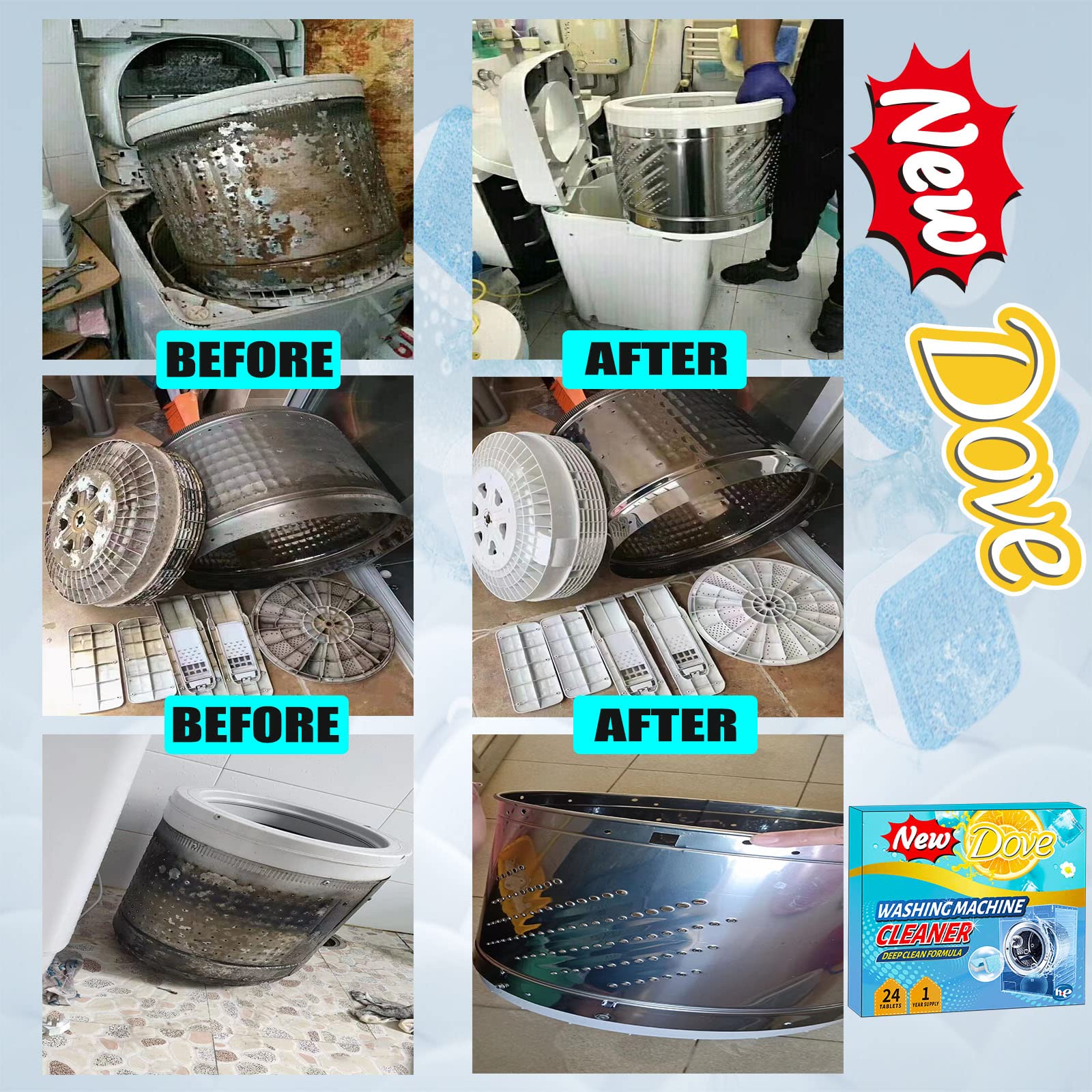 New Dove Dishwasher Cleaner Tablets, Front Load and Top Loader Machine Cleaner, 24PCS*2 Washer Cleaner Tablets, Washer Cleaner That can be Used for 1 Year