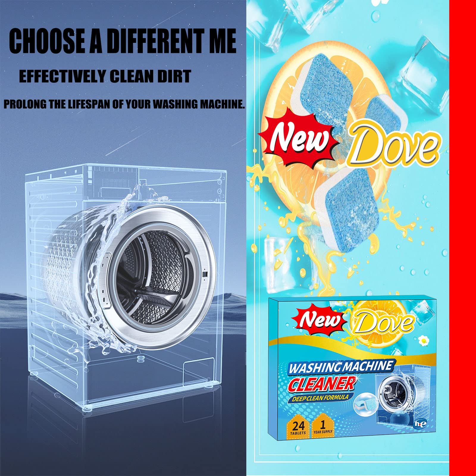 New Dove Dishwasher Cleaner Tablets, Front Load and Top Loader Machine Cleaner, 24PCS*2 Washer Cleaner Tablets, Washer Cleaner That can be Used for 1 Year