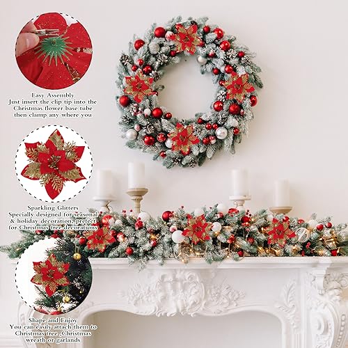 CEWOR 15 Pcs Christmas Poinsettia Flowers Glitter Artificial Flowers Decorations with Clips and Stems for Xmas Tree Wedding Party Wreath Fireplace Ornaments (Red and Gold)