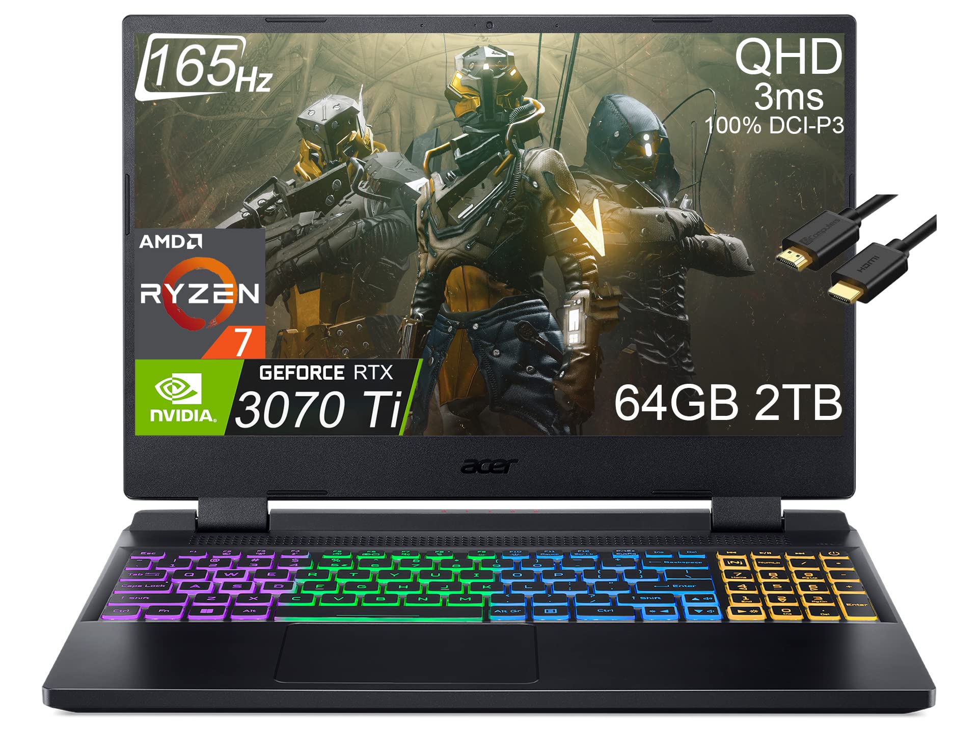 Acer Nitro 5 15 6" QHD 165Hz (AMD 8-Core Ryzen 7 6800H (Beat i9-11900H), GeForce RTX 3070 Ti 8GB, 64GB RAM, 2TB SSD) Gaming Laptop, RGB Backlit Webcam Ray Tracing HDMI Cable, Win 11 Home