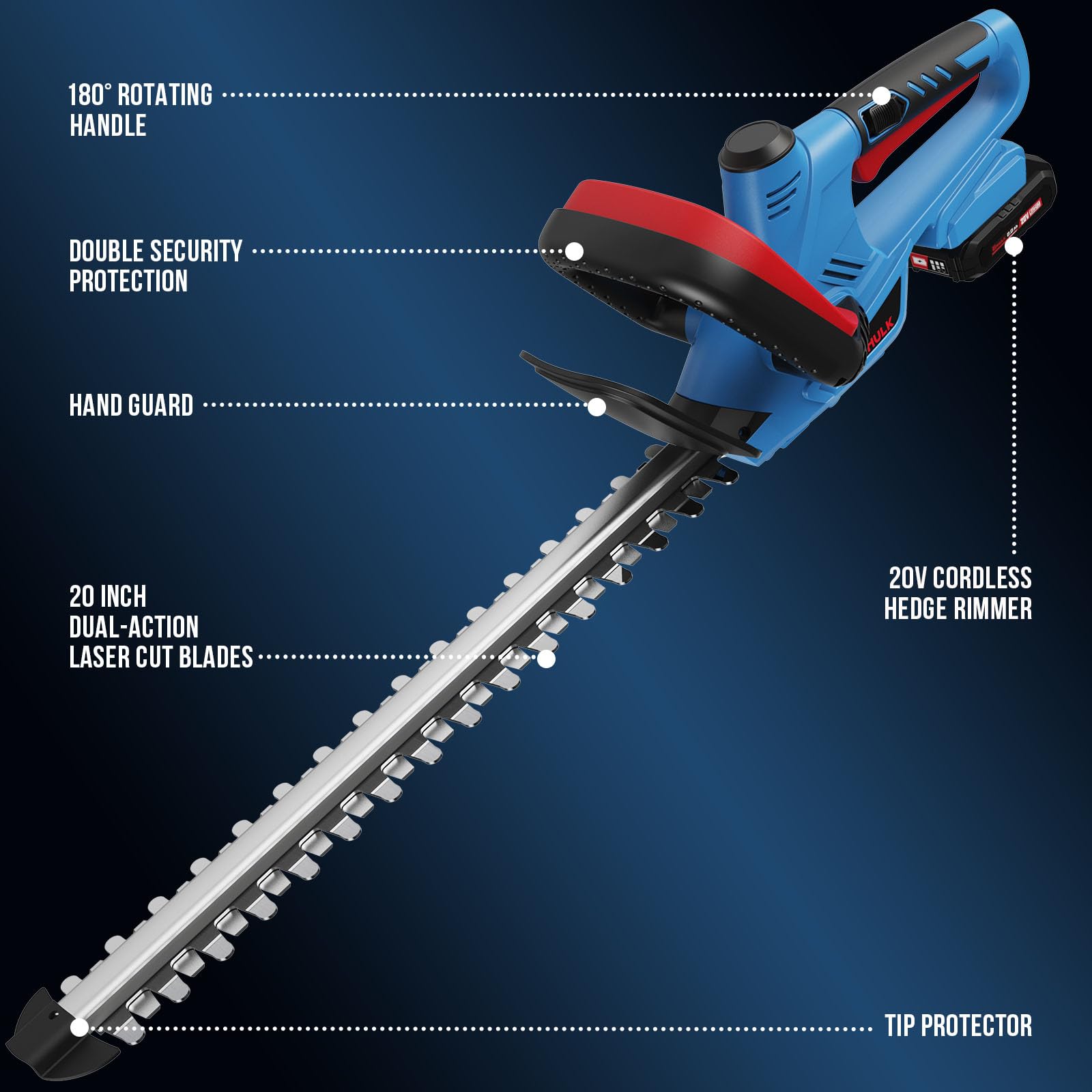 Enhulk Cordless Hedge Trimmer, Electric Bush Trimmer with 20" Dual-Action Blades, 5/8" Cutting Capacity, Handheld Shrub Trimmer for Garden Work, 20V 2.0Ah Battery and Charger Included