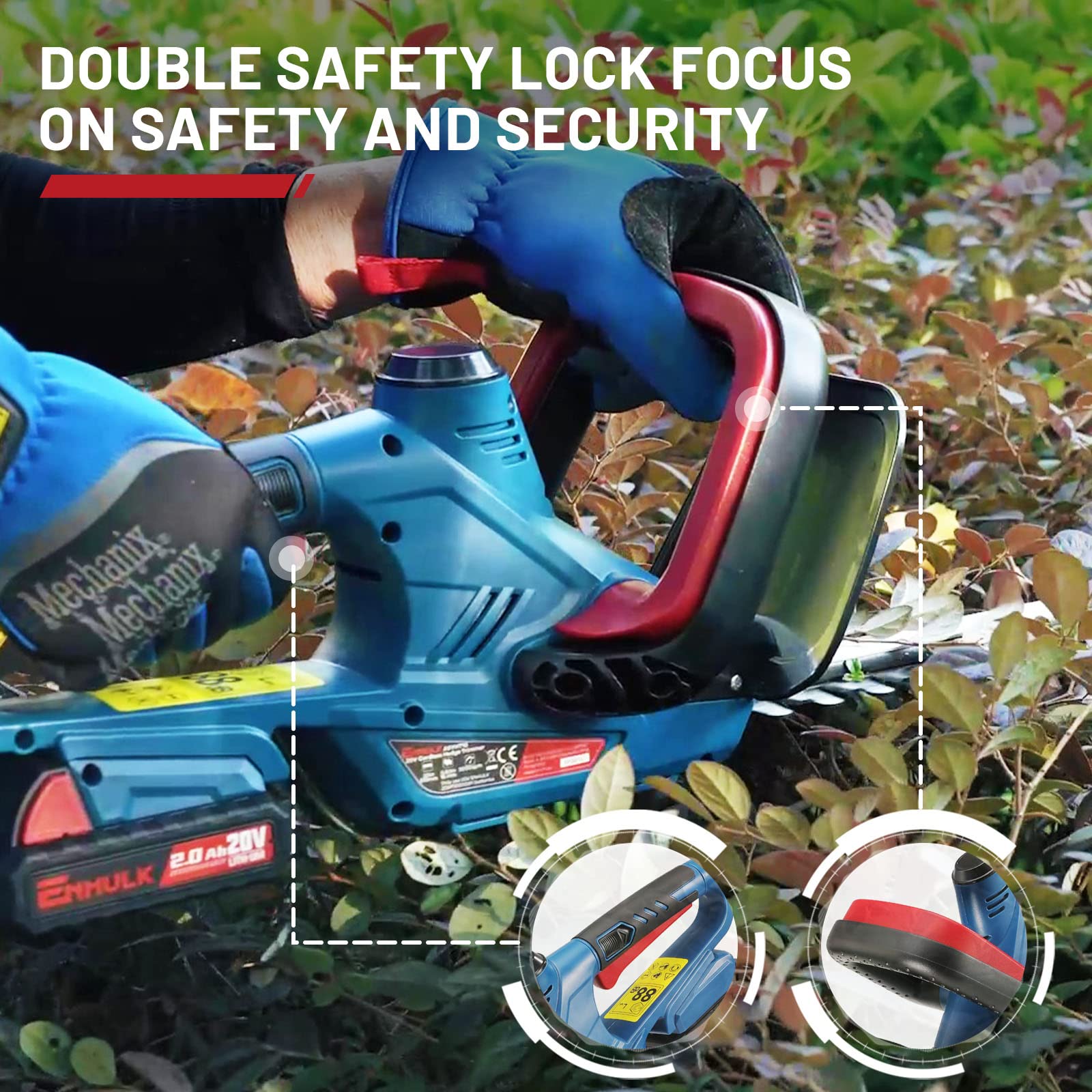 Enhulk Cordless Hedge Trimmer, Electric Bush Trimmer with 20" Dual-Action Blades, 5/8" Cutting Capacity, Handheld Shrub Trimmer for Garden Work, 20V 2.0Ah Battery and Charger Included