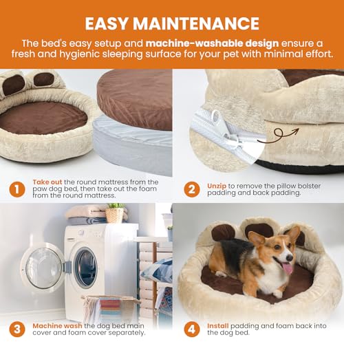 Neatki Orthopedic Ultra Soft, Cozy Plush Pet Bed (35" x 35.5" x 13.5"), for Medium to Large Dogs, Memory Foam, Water-Resistant, Removable Washable Cover, Nonskid Bottom (Brown, Paw-Shaped)