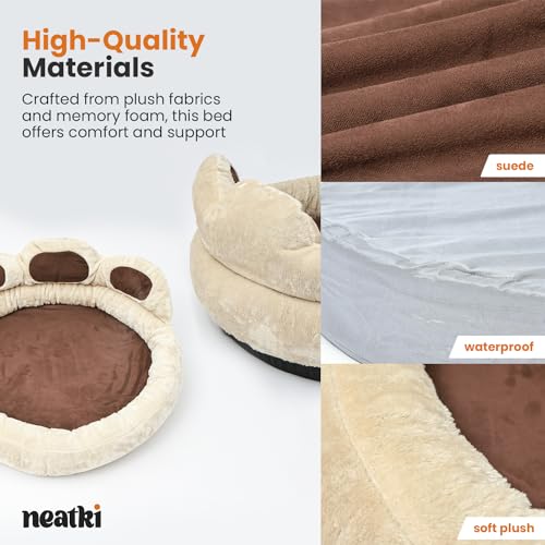 Neatki Orthopedic Ultra Soft, Cozy Plush Pet Bed (35" x 35.5" x 13.5"), for Medium to Large Dogs, Memory Foam, Water-Resistant, Removable Washable Cover, Nonskid Bottom (Brown, Paw-Shaped)