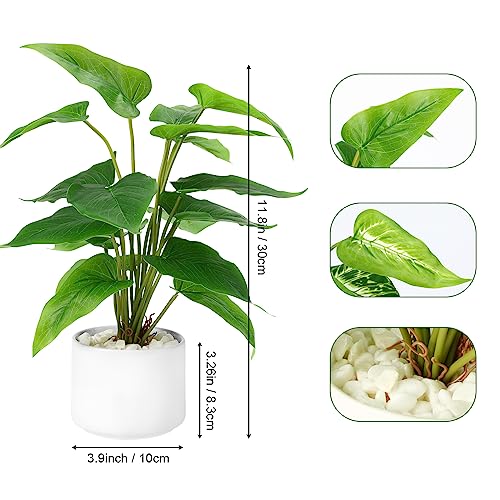 CEWOR Artificial Plants Indoor,2 Pack,11.8 Inch, Fake Plants in Ceramic Pot,Faux Green Leaf Plant with Modern White Planter,Desk Shelf Office Room Home Decoration Indoor
