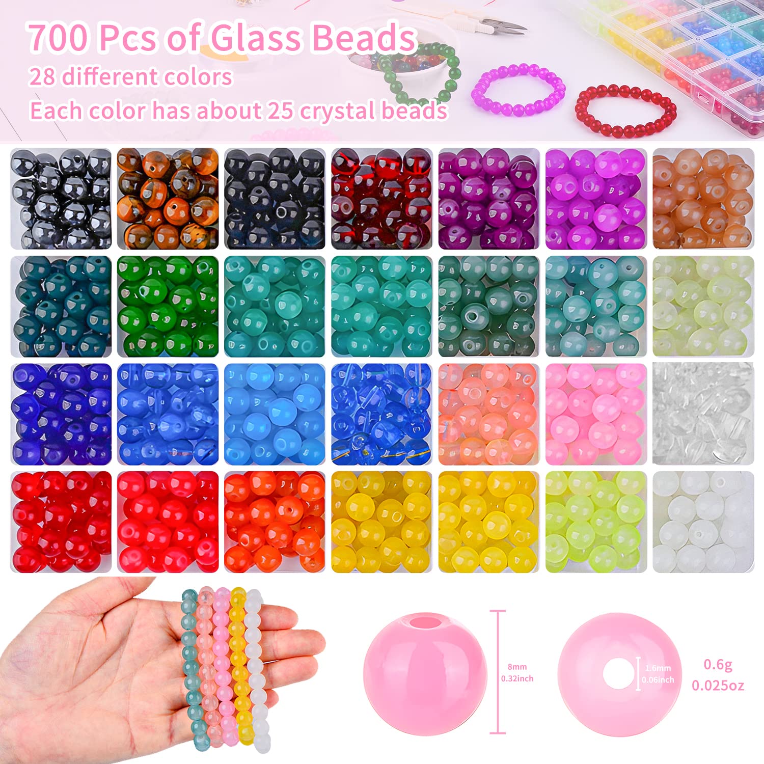 Mizivn 700PCS Glass Beads for Bracelet Jewelry Making, 28 Color 8mm Crystal Gemstone Beaded Bracelets kit with Accessories, Chakra Round Beads for Beginners DIY Crafts Necklace (MultiB)