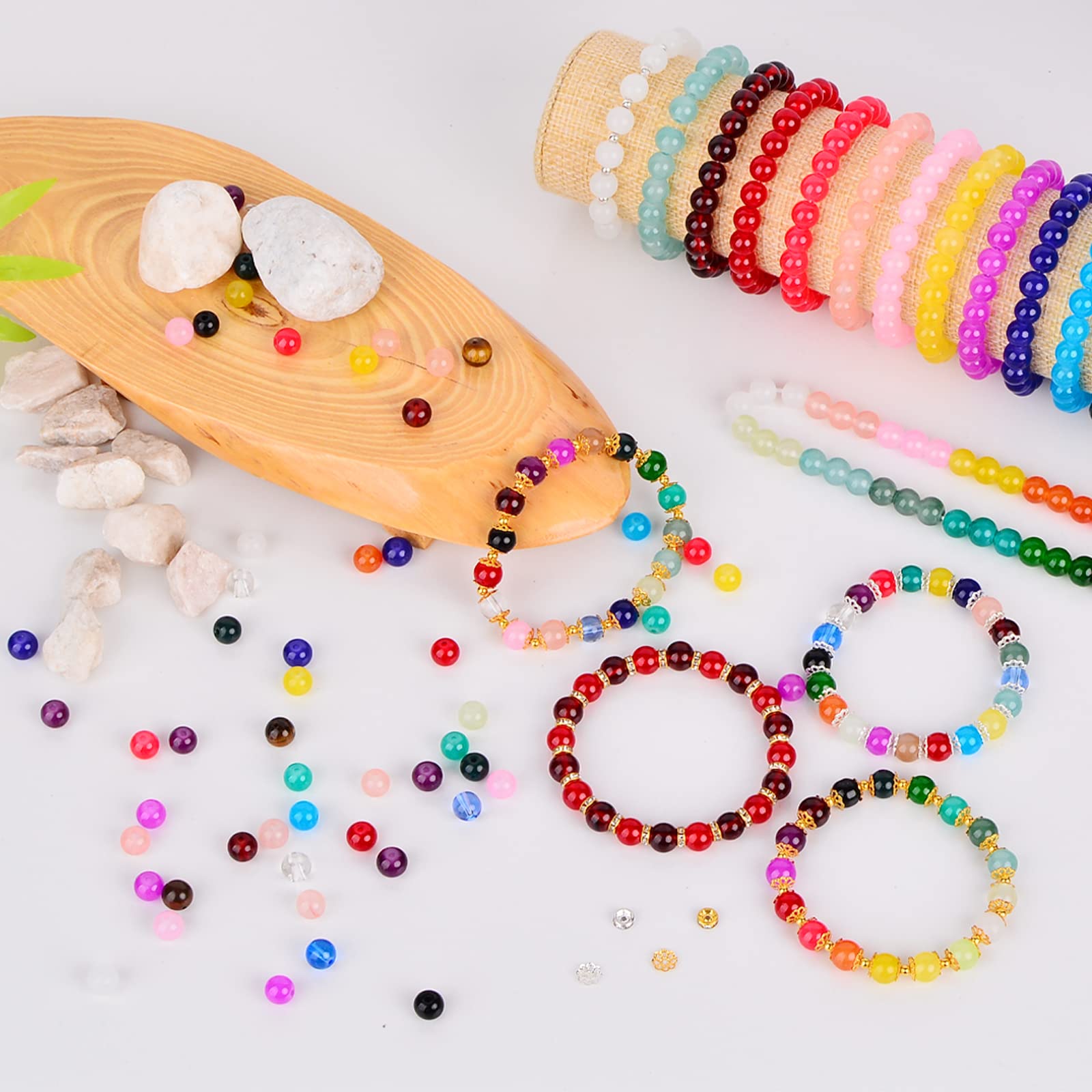 Mizivn 700PCS Glass Beads for Bracelet Jewelry Making, 28 Color 8mm Crystal Gemstone Beaded Bracelets kit with Accessories, Chakra Round Beads for Beginners DIY Crafts Necklace (MultiB)
