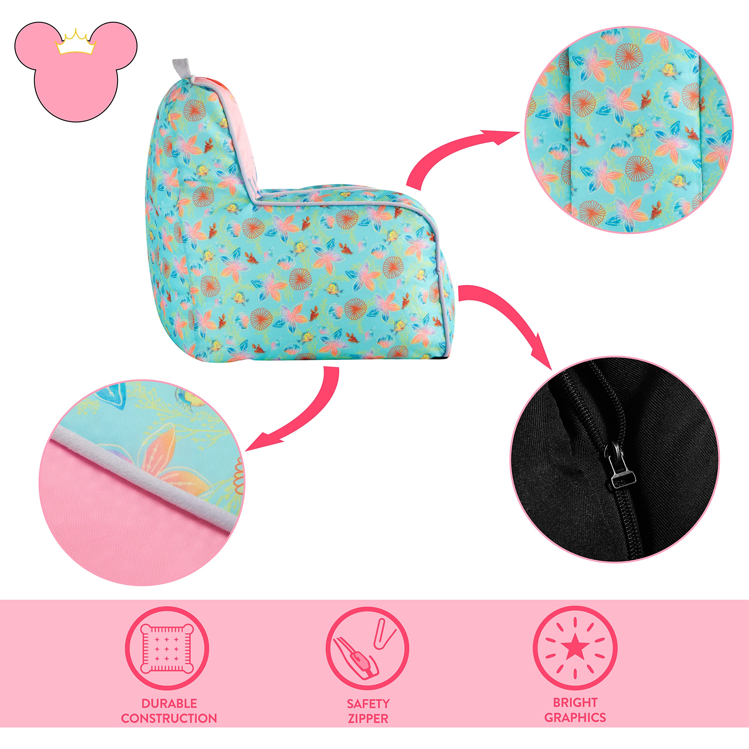 Idea Nuova Disney Little Mermaid Kids and Toddler Canvas Bean Bag Chair with Piping & Top Carry Handle