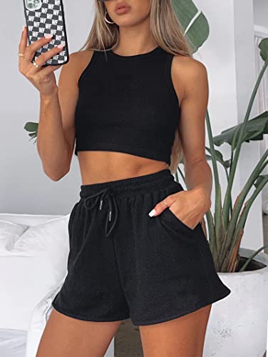 PEIARA 2 Piece Shorts Set for Women Outfits Vacation Linen Lounge Set Waffle Crop Top And Drawstring Shorts Set Tracksuits