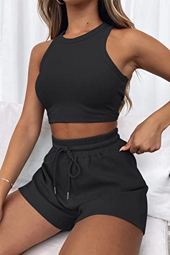 PEIARA 2 Piece Shorts Set for Women Outfits Vacation Linen Lounge Set Waffle Crop Top And Drawstring Shorts Set Tracksuits