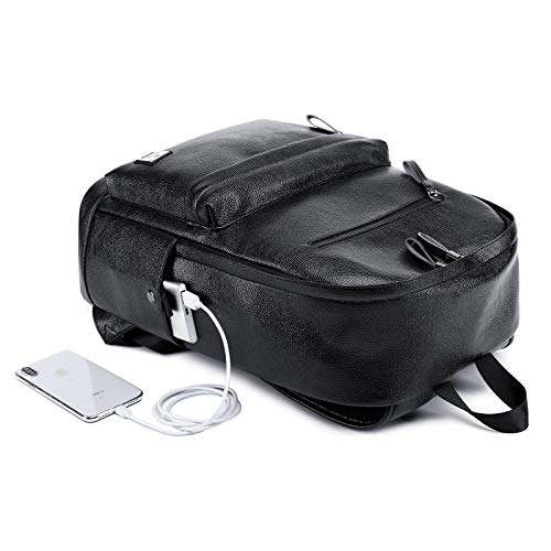 weiatas Black Leather Laptop Backpack for Men Women School College Bookbag for Student Computer Rucksack for Work Fits 15.6 Inch Laptop