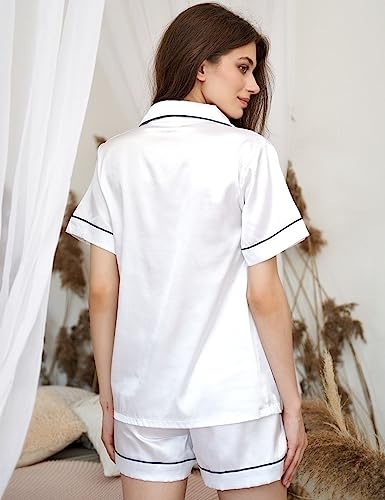 Slieptite Womens Silk Satin Pajamas Short Sleeve Loungewear Two-Piece Sleepwear Button-Down Pj Set White