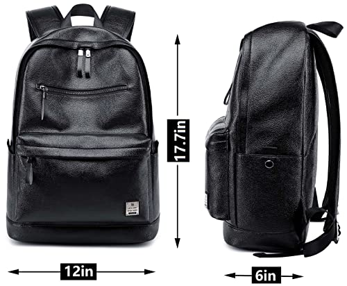 weiatas Black Leather Laptop Backpack for Men Women School College Bookbag for Student Computer Rucksack for Work Fits 15.6 Inch Laptop