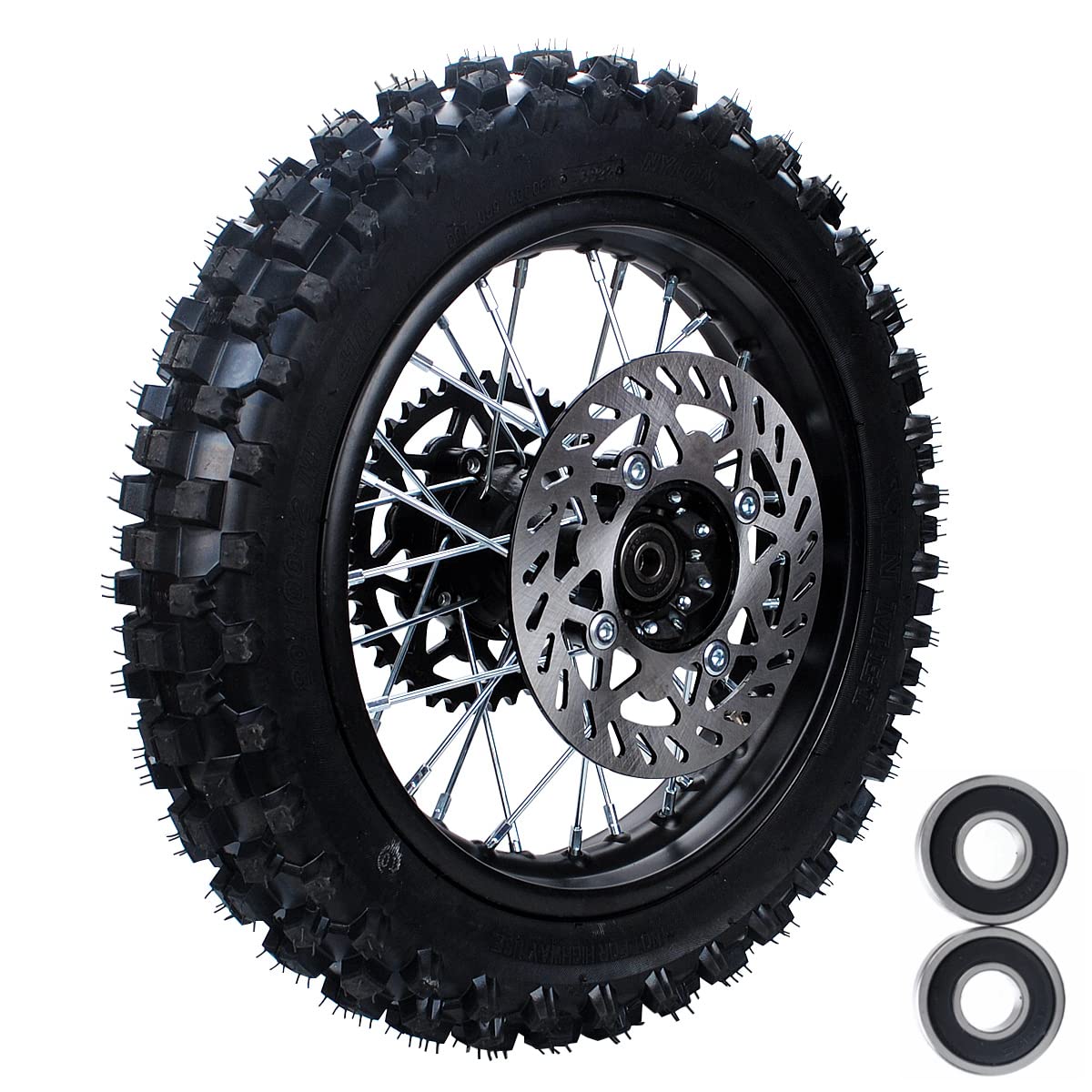 Rim tube tire 80/100-12 3.00-12 12-15MM axle 12"Complete rear wheel For small Dirt Pit Bike Trail Wheel Rim Tire Fits 125-160cc Pit Dirt Bike TTR SSR BBR Includes Brake Rotor and Sprocket