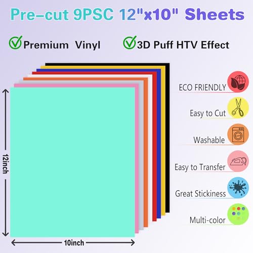 3D Puff Vinyl Heat Transfer for T-Shirts, 3D Puff HTV Iron on Vinyl, 3D Puff Vinyl Heat Transfer HTV for Heat Press Clothing Colorful