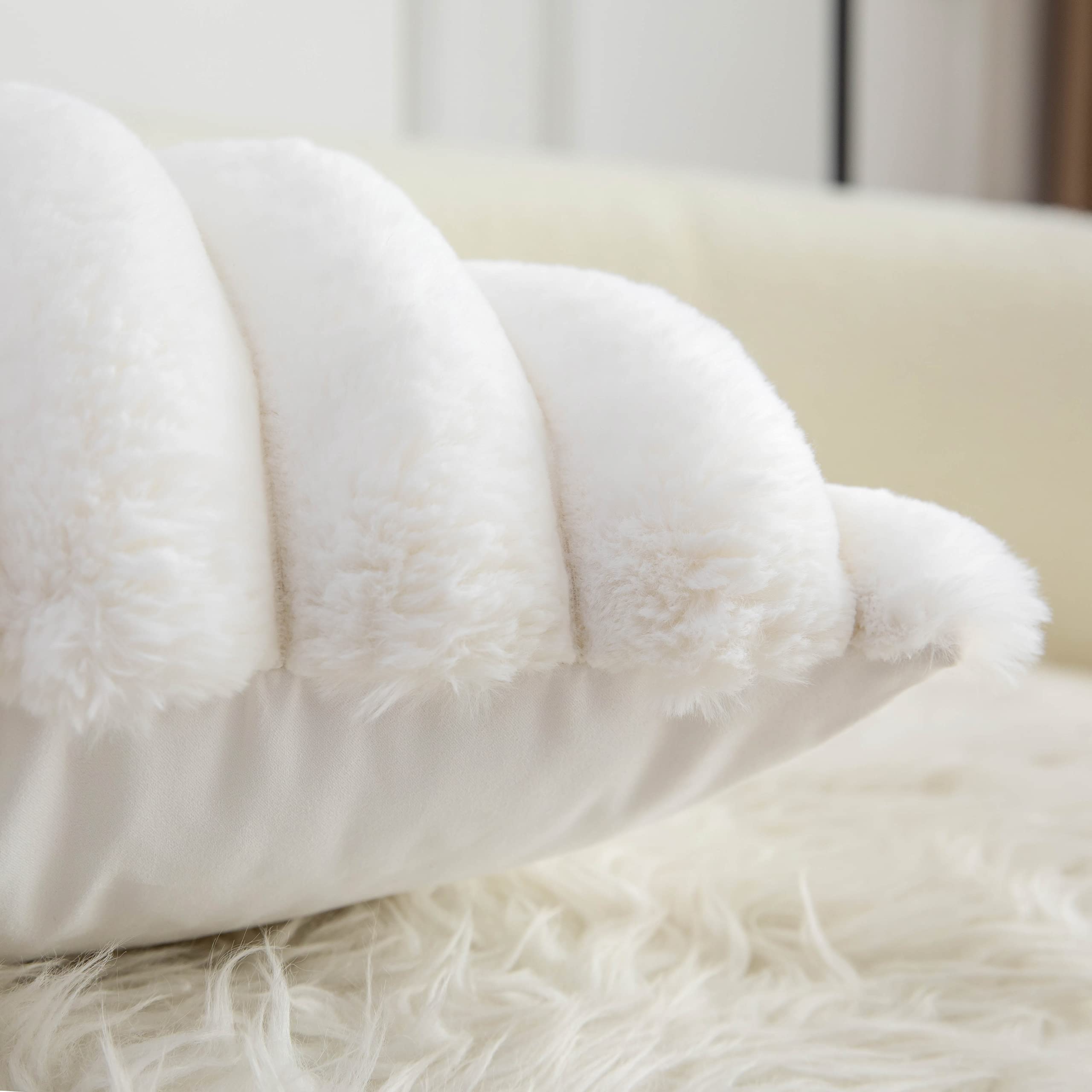 Neelvin Cream White Faux Fur Cozy Soft Striped Decorative Throw Pillow Covers 24x24 inch Set of 2,Velvet Pillowcase Cushion Case for Sofa Couch