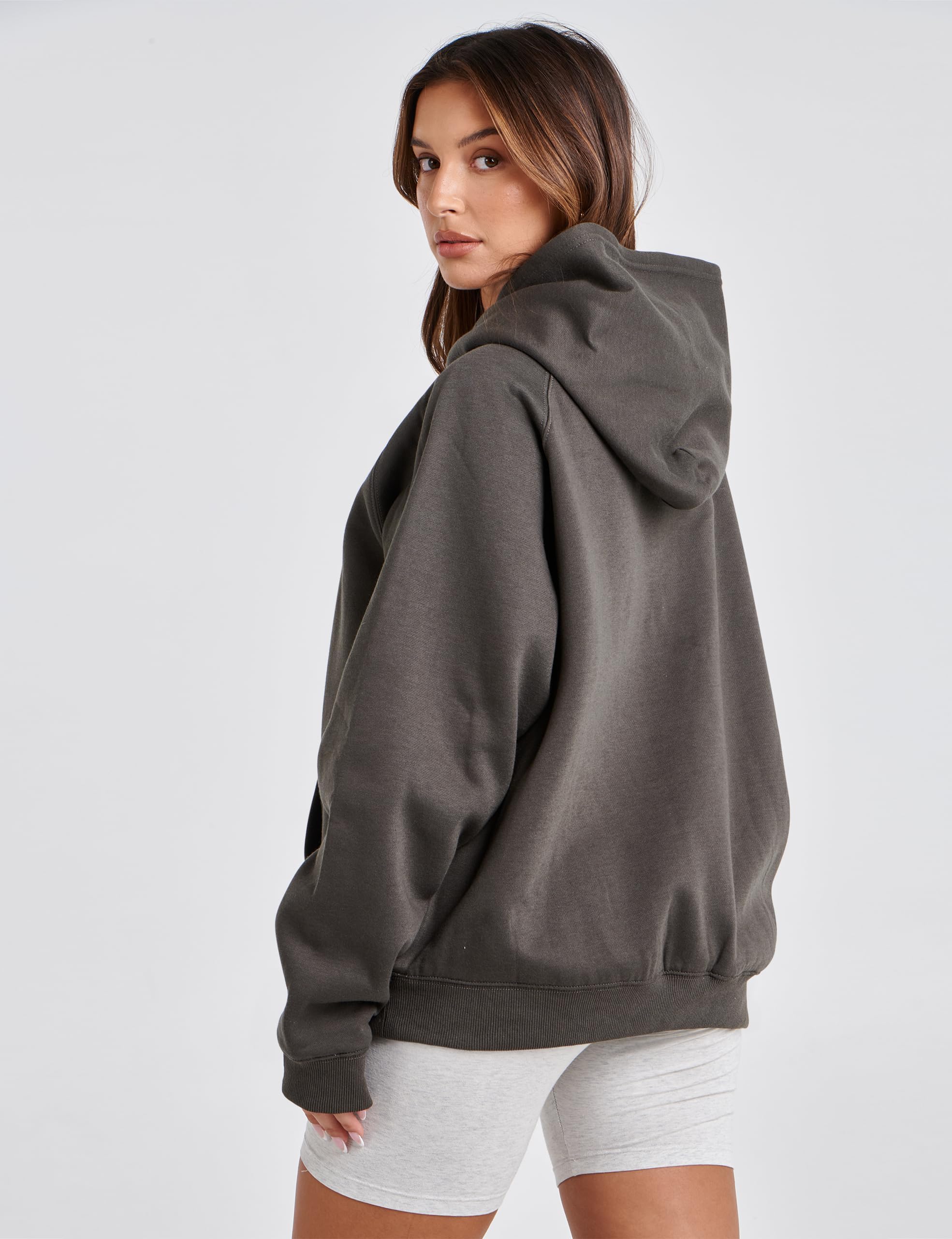 SAFRISIOR Oversized Hoodies for Women and Men Couples Fleece Basic Solid Hooded Sweatshirt Pullover Jackets Dark Grey