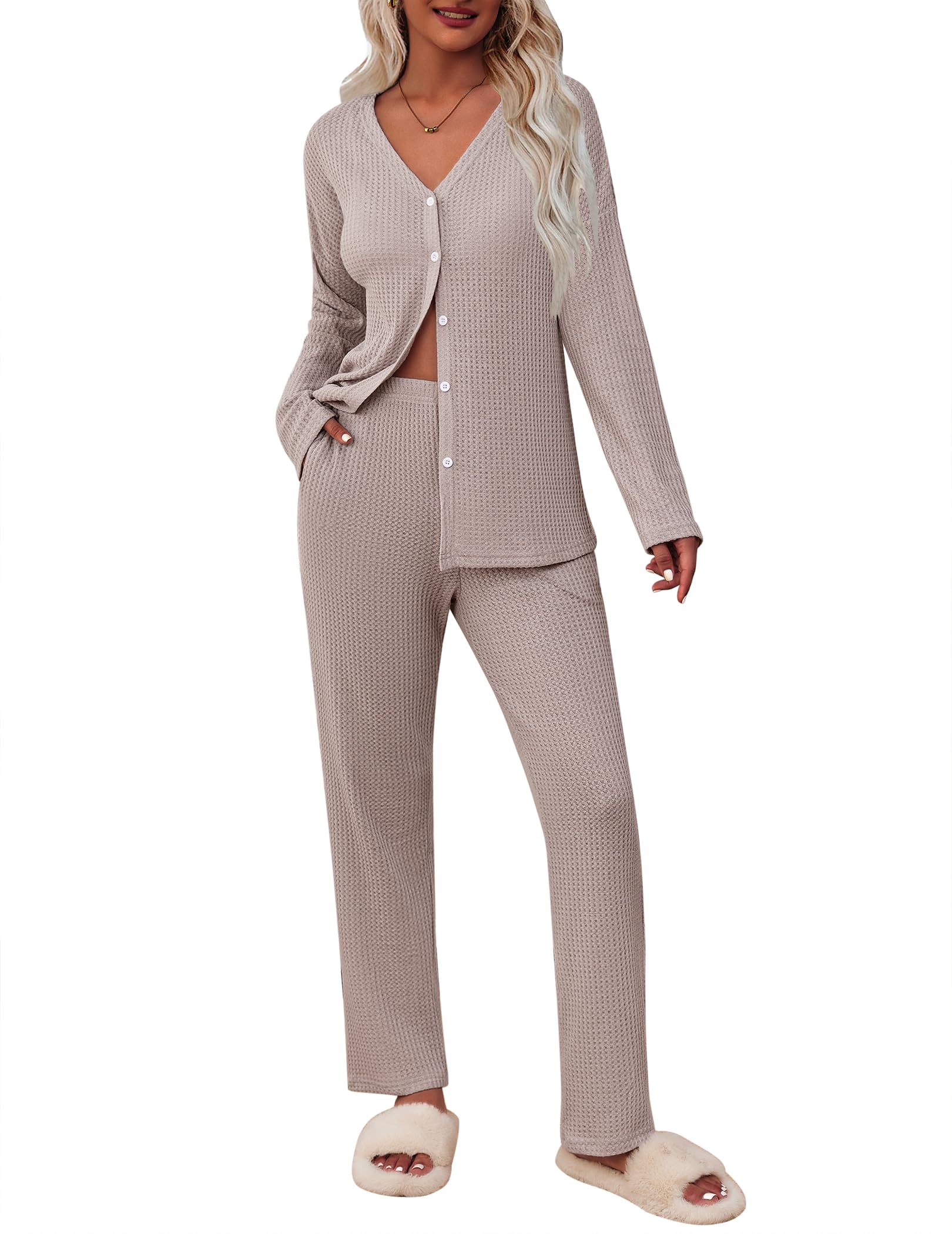 Ekouaer Women's Waffle Loungewear Set Button Down Long Sleeve Pajamas Set Soft Casual Loose Sleepwear Pjs Set Beige Small