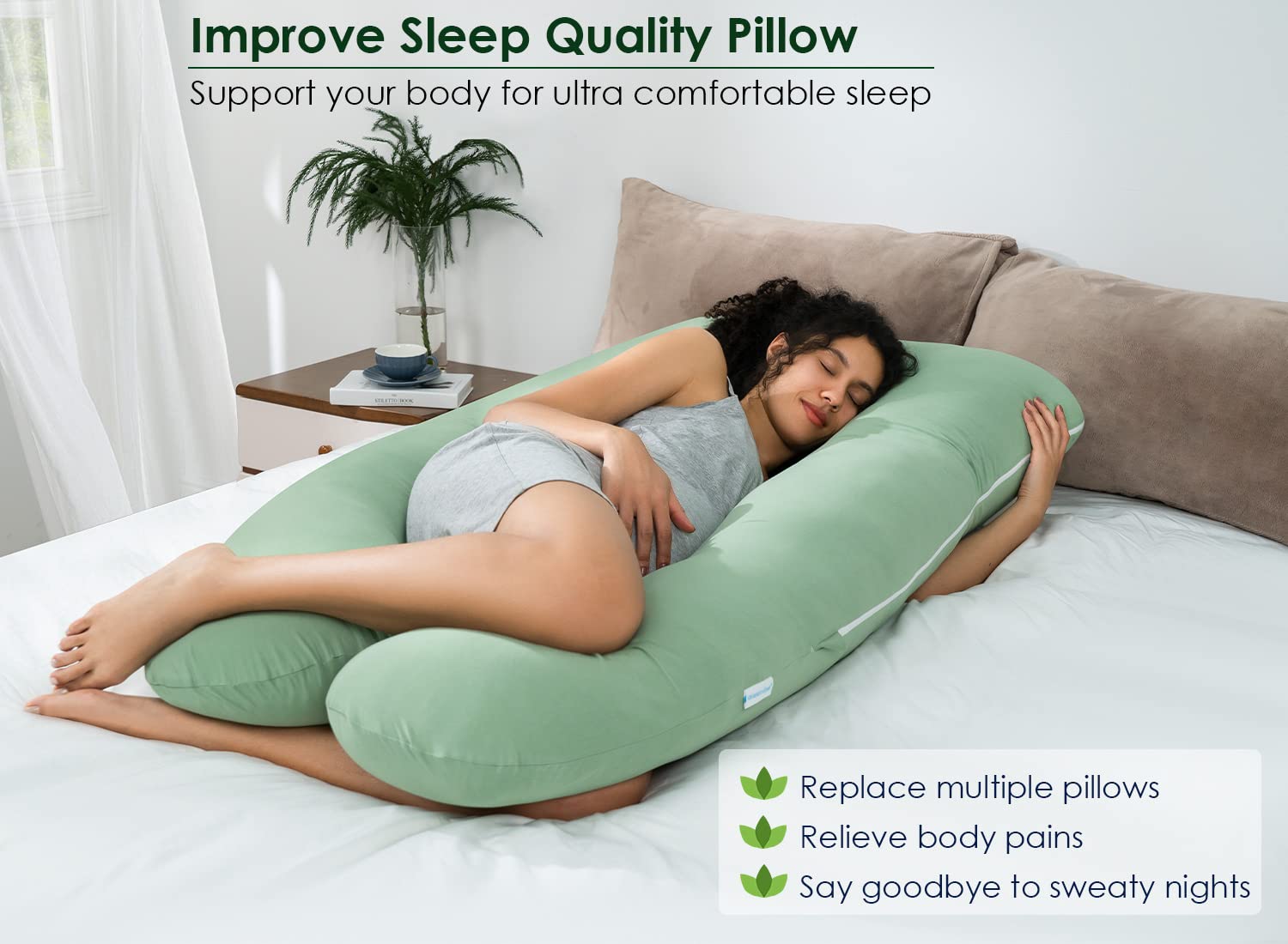 QUEEN ROSE Cooling Pregnancy Pillows, U Shaped Full Body Maternity Pillow for Pregnant Support, Rayon Derived from Bamboo, Buttery Soft, Super Breathable for Hot Sleeper, Green