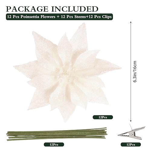 CEWOR 12 Pcs Christmas Tree Decor Flowers Glitter Artificial Poinsettia Flowers with Clips and Stems for Xmas Wedding Party Wreaths Decorations, 6.7 Inch (White)