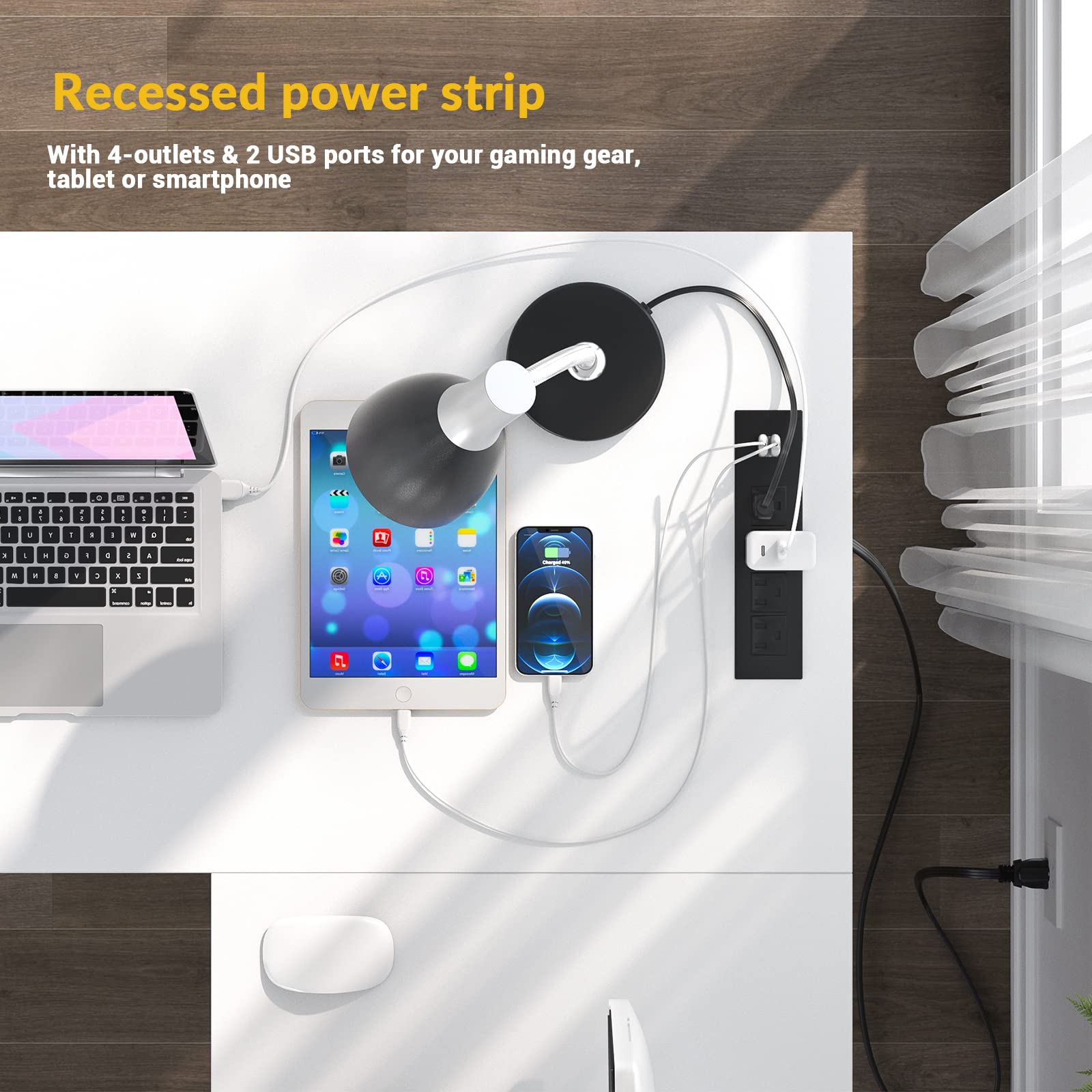 Unikito Magic Portable 4 Outlets L Shaped Desk, Reversible 55 Inch L-Shaped Computer Desk with Storage Shelf and USB Charging Port, Unique Grid Design, Large Gaming Corner Table for Home Office, White