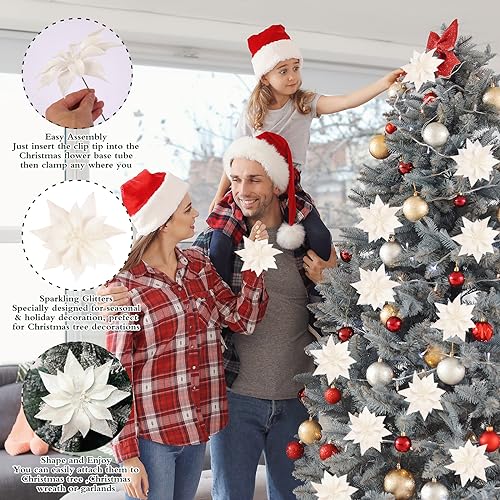 CEWOR 12 Pcs Christmas Tree Decor Flowers Glitter Artificial Poinsettia Flowers with Clips and Stems for Xmas Wedding Party Wreaths Decorations, 6.7 Inch (White)