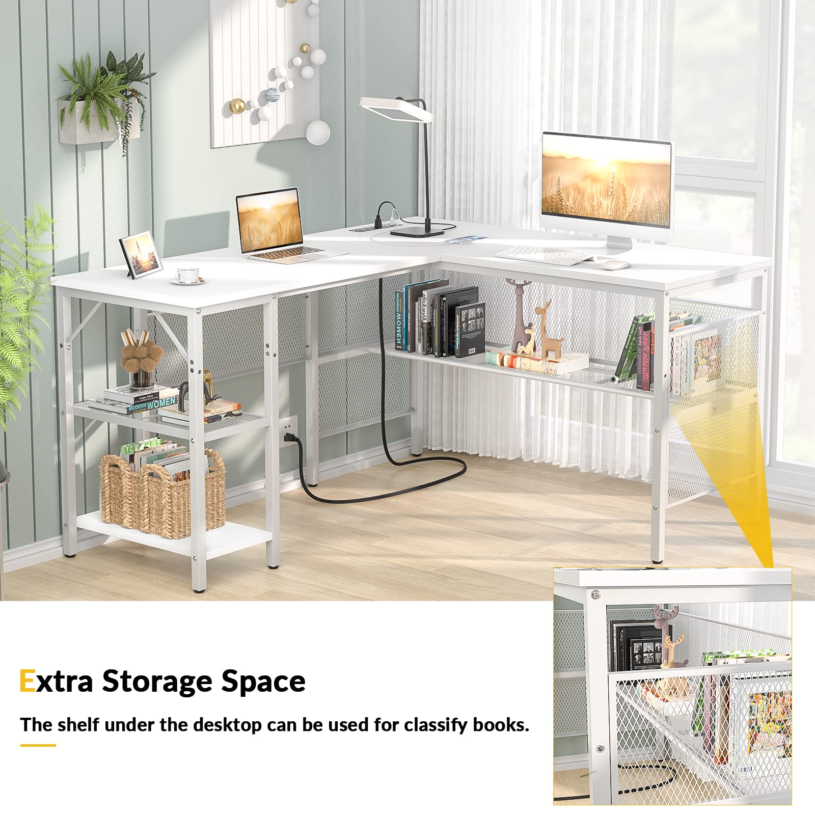 Unikito Magic Portable 4 Outlets L Shaped Desk, Reversible 55 Inch L-Shaped Computer Desk with Storage Shelf and USB Charging Port, Unique Grid Design, Large Gaming Corner Table for Home Office, White